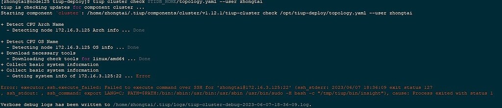 Issue with executing the /tmp/tiup/bin/insight script over SSH for xxx during environment check ...